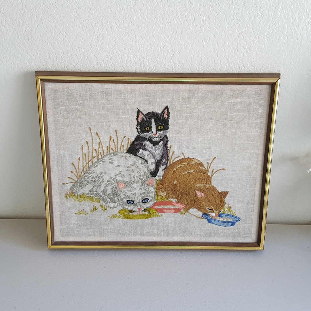 Crewel Cats! Vintage Framed Stitchery Art Embroidery Picture 19.25"x15 ...