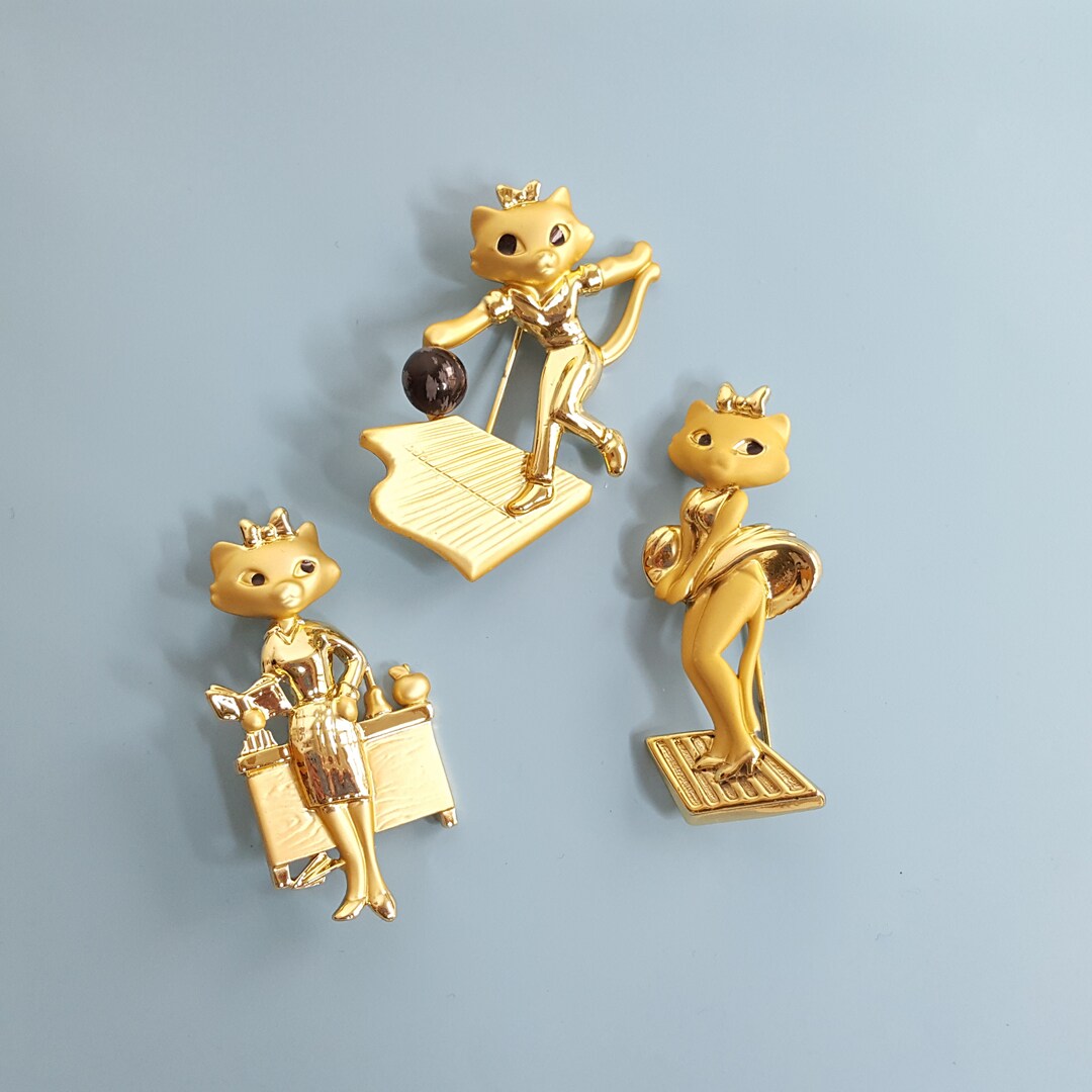 Retro Trio Set of 3 Vintage Cat Pins by Danecraft Gold Tone, Work ...