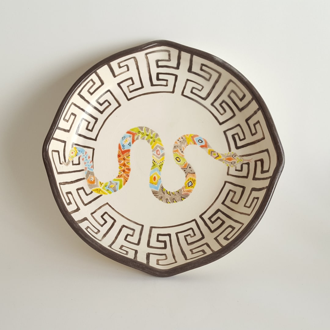 Art Pottery Snake Bowl! Geometric Tribal Motif Hand Made & Painted 10 ...