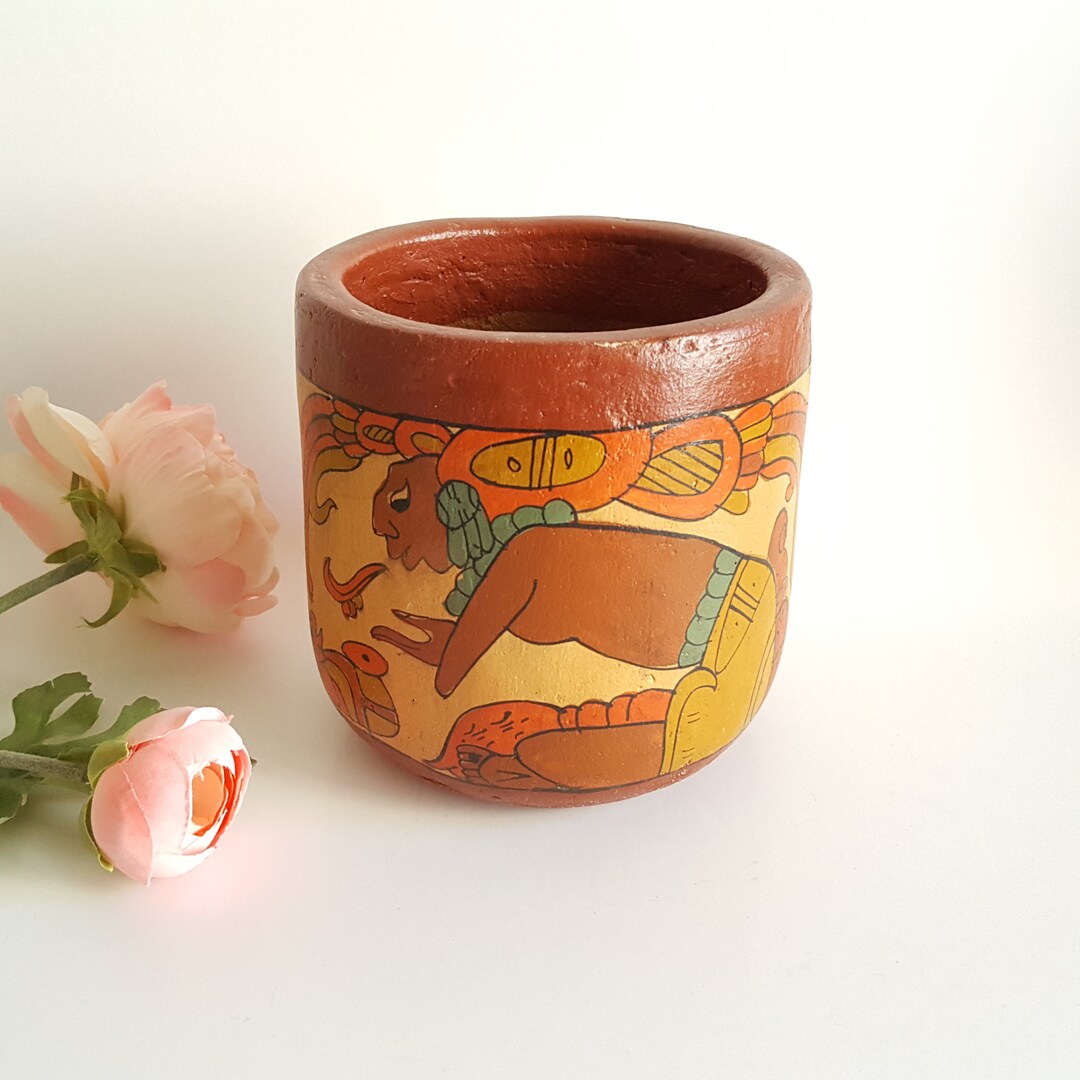 Mayan Aztec! Vintage Red-ware Pottery Planter Pot Hand Painted 4.5 ...