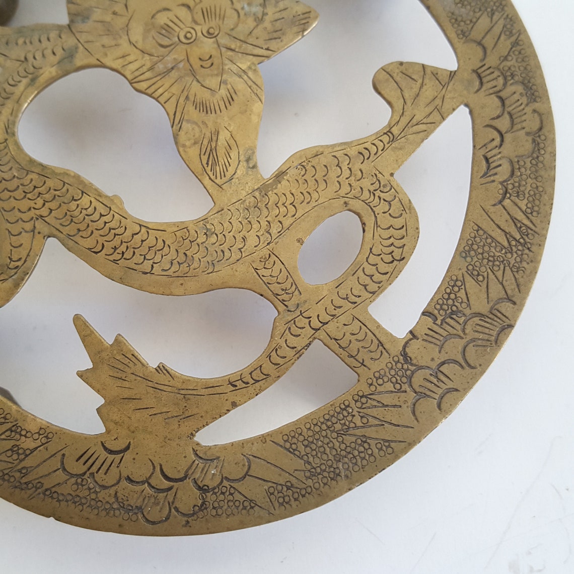 Brass Dragon! Vintage Trivet Etched Design Footed Round Chinese 5" - Etsy