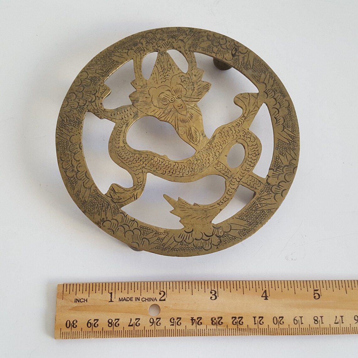 Brass Dragon! Vintage Trivet Etched Design Footed Round Chinese 5" - Etsy