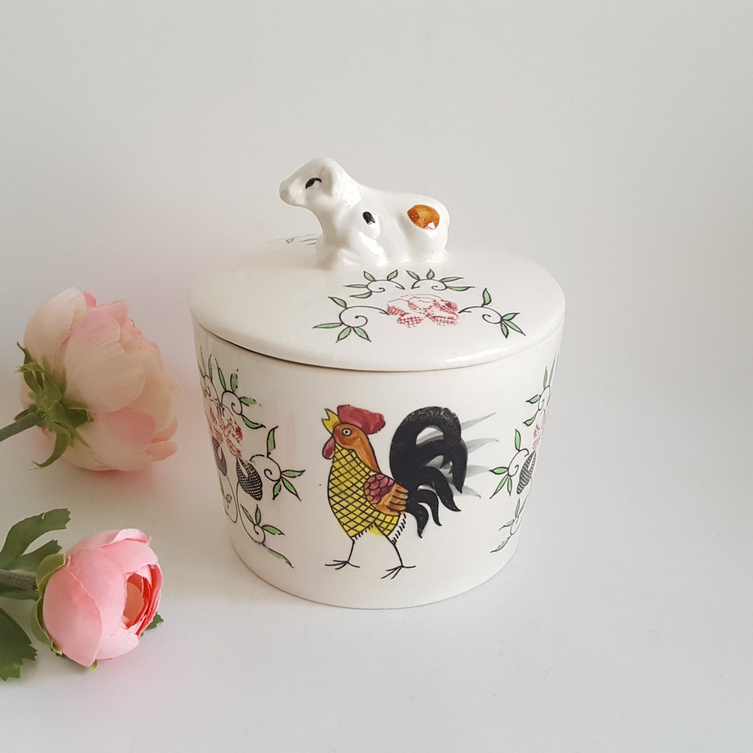 Rooster & Cow! Vintage Farm Scene Storage Dish With Lid Canister - Etsy
