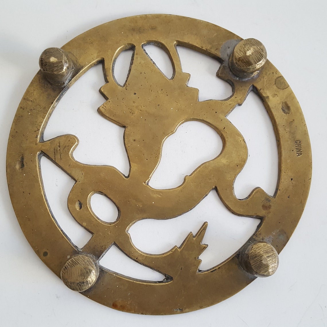 Brass Dragon! Vintage Trivet Etched Design Footed Round Chinese 5" - Etsy