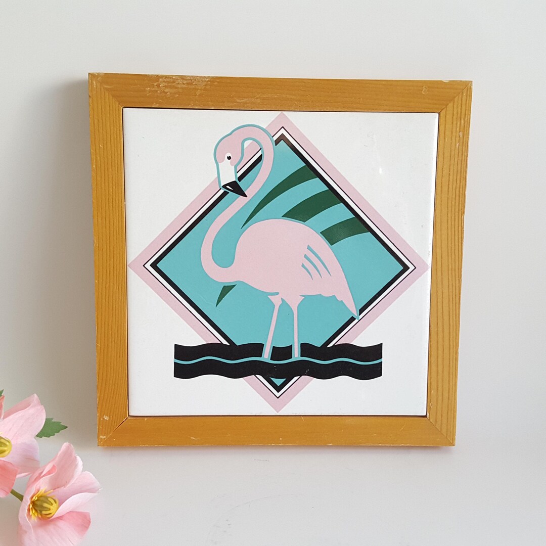 Pink Flamingo! Vintage 80s Wood Framed Wall Tile or Trivet 7"x7" - Etsy