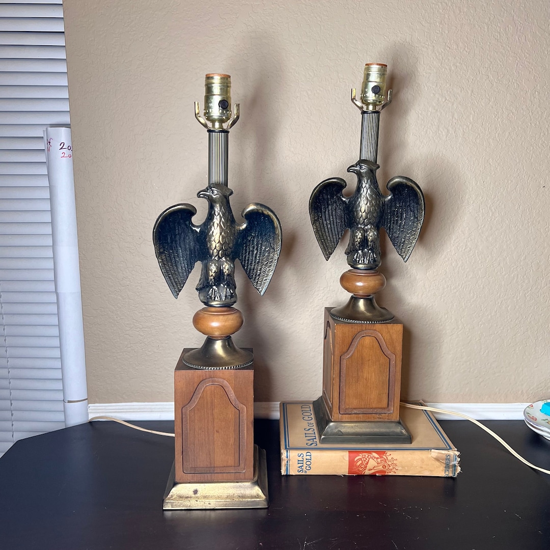 Vintage 1970’s Federal Style Pair American Eagle Lamps, Solid Wood ...