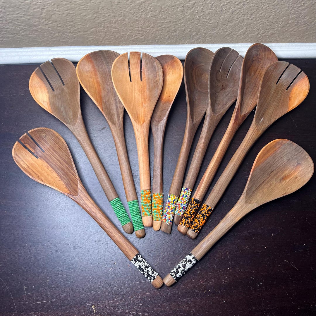 Vintage NOS Salad Tong Set, African Beaded Art, Serving Spoon and Fork ...