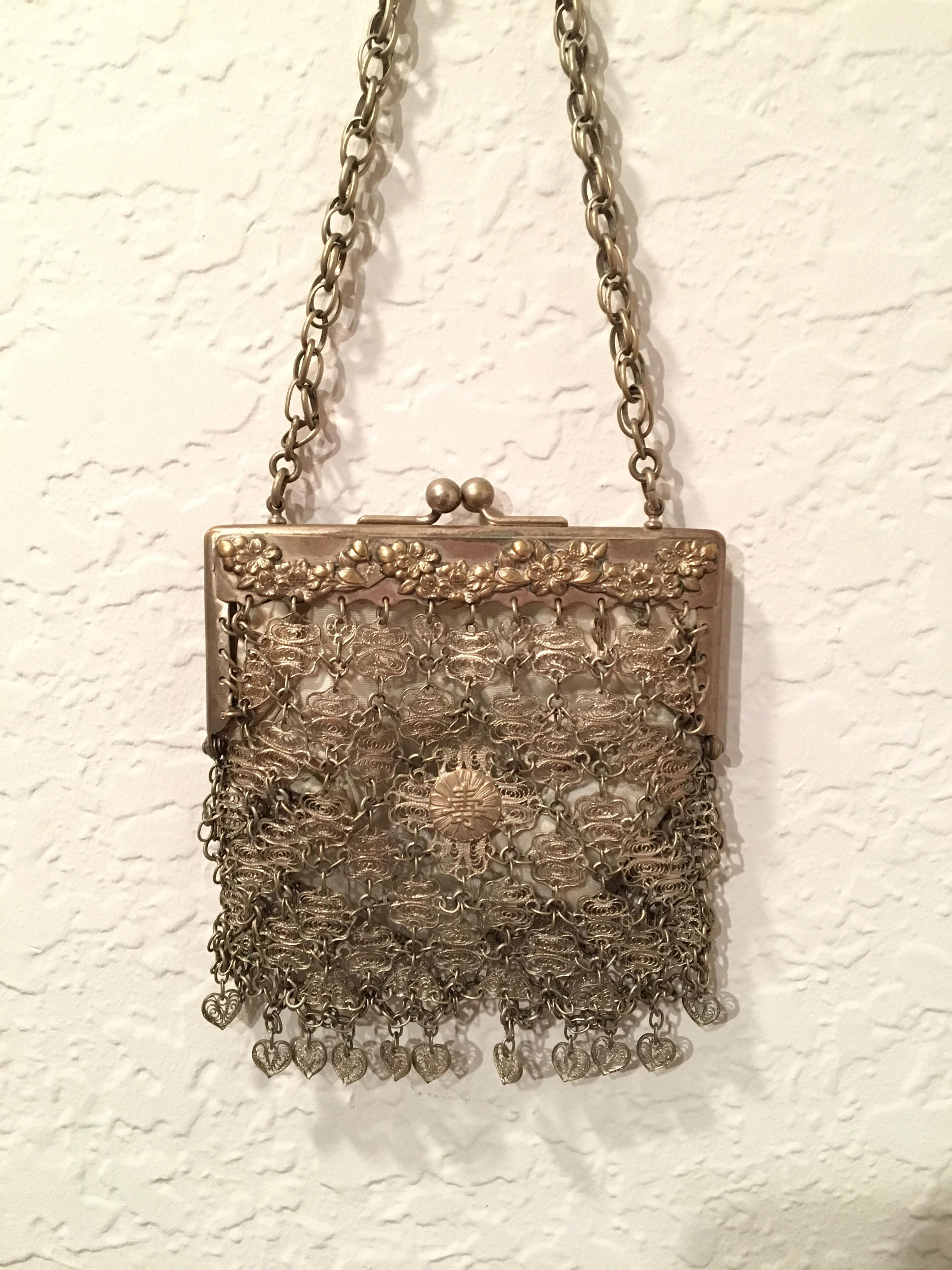 Antique Silver Filigree Chain Mail Purse With Dangling Hearts - Etsy