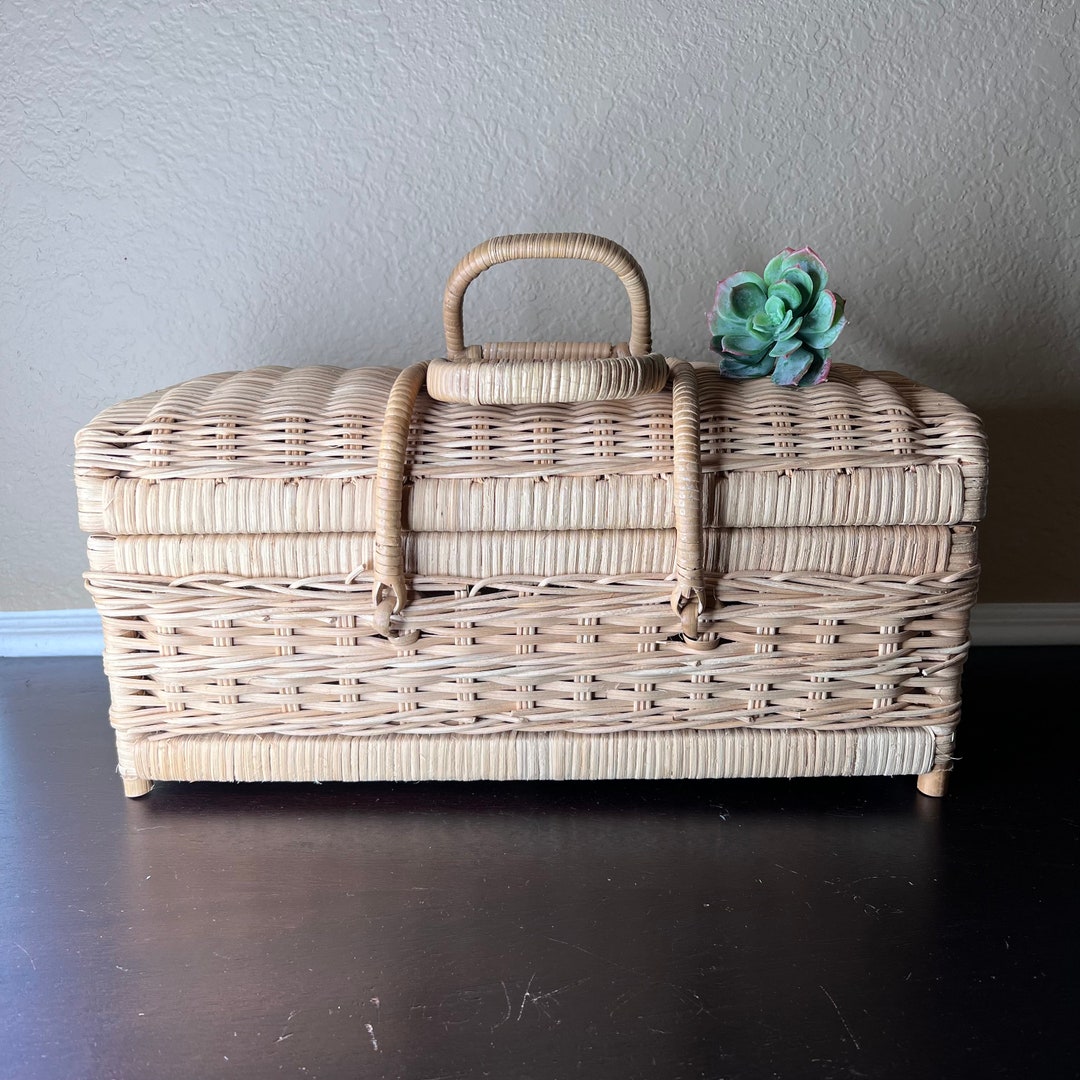 Vintage Wicker / Rattan Woven Picnic Basket W Handles, Needlework ...