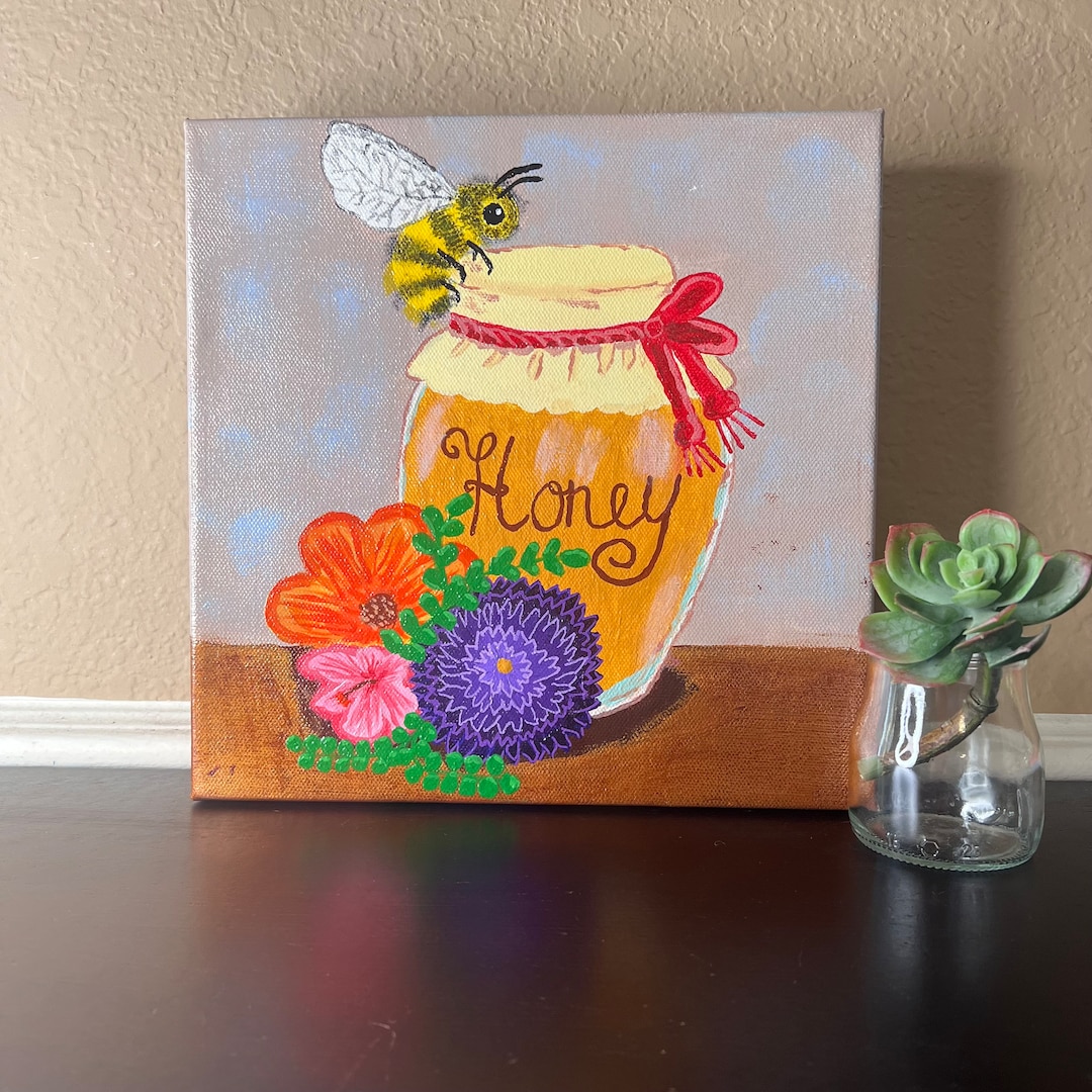 Vintage Original Acrylic Painting Honey Jar Still Life, Bee, Bumblebee ...
