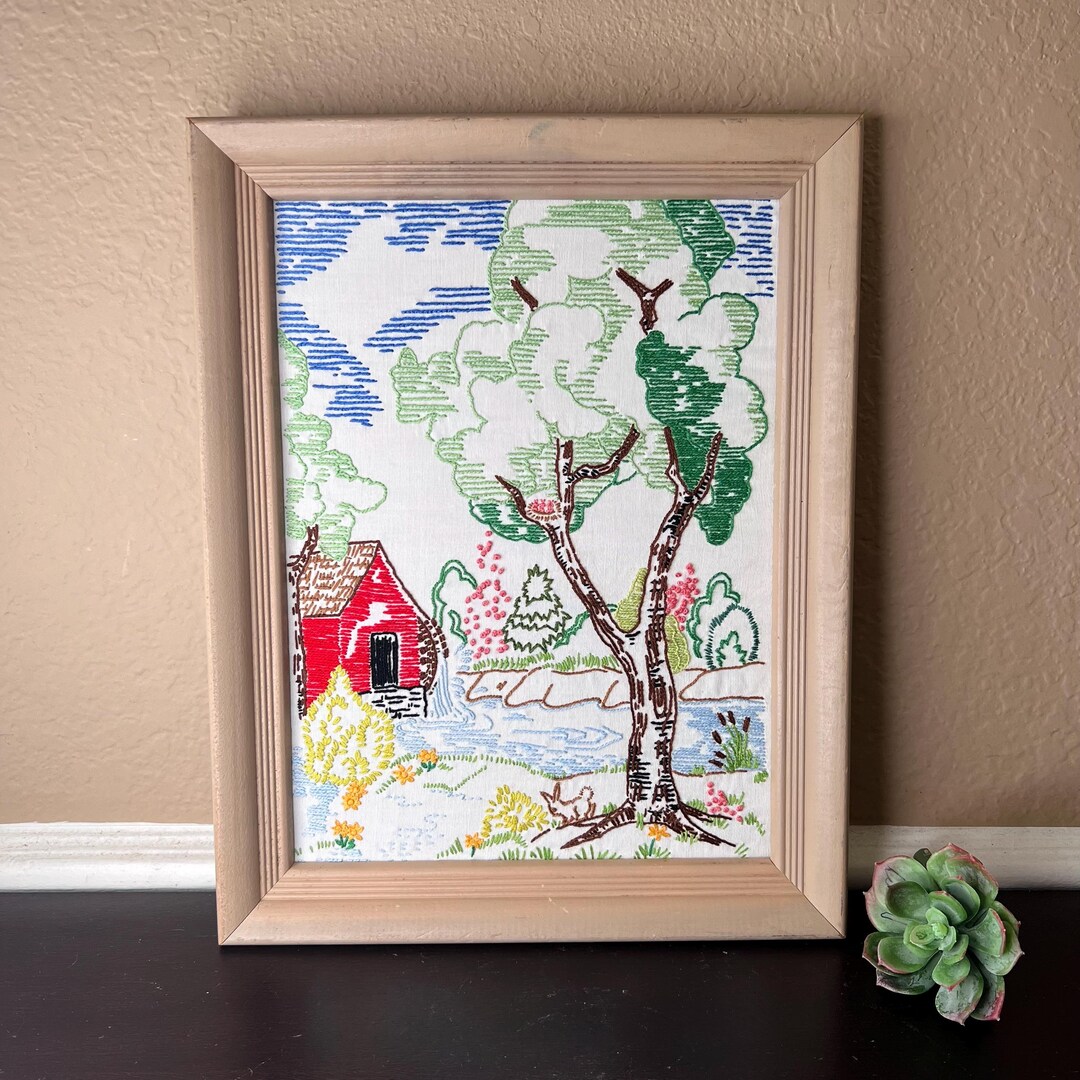 Vintage 1960's Embroidery Art Scene, Wheelhouse & Nature, Bunny Rabbit ...