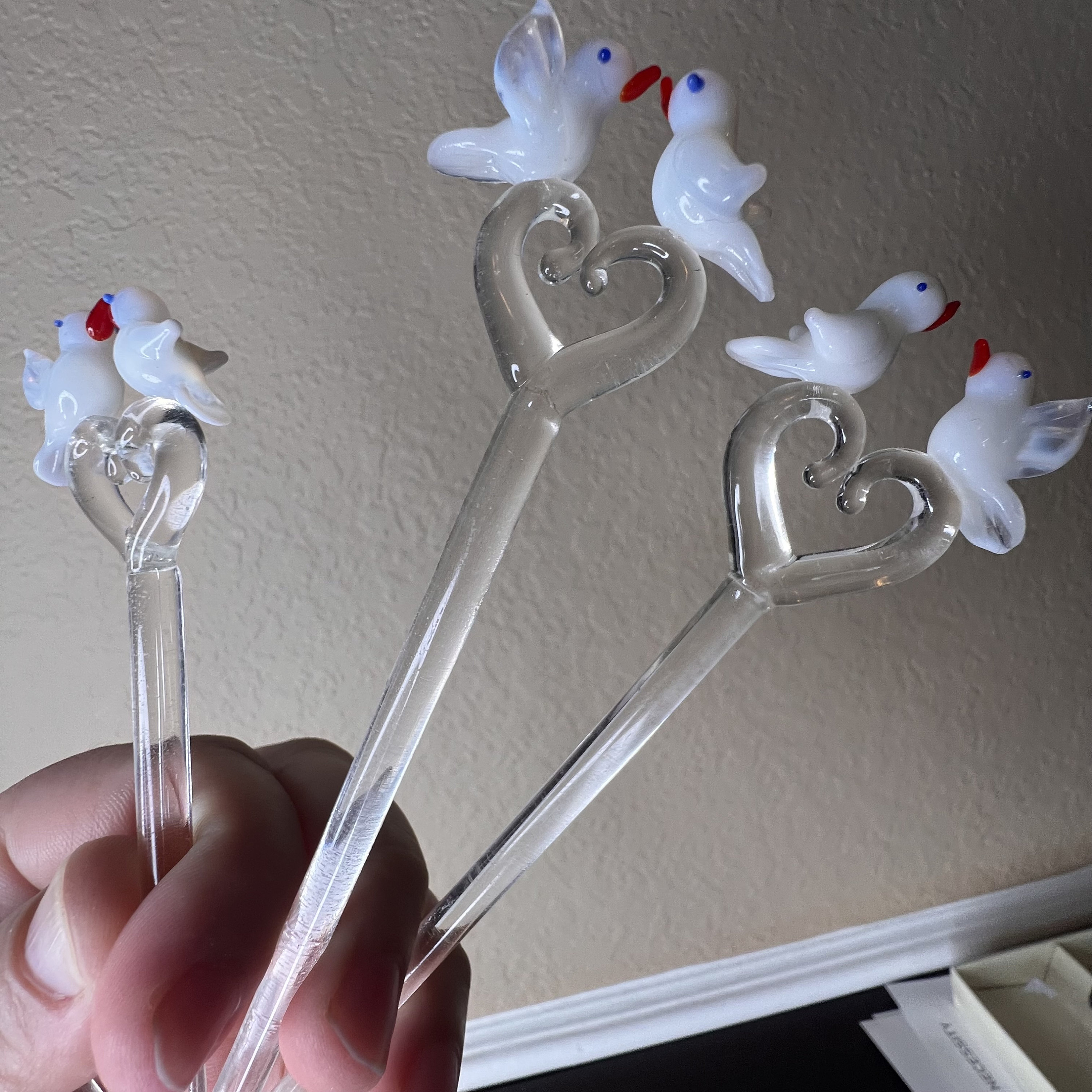 Vintage 1990’s Kissing Doves Swizzle Stick Set (4), Handblown Lampwork ...