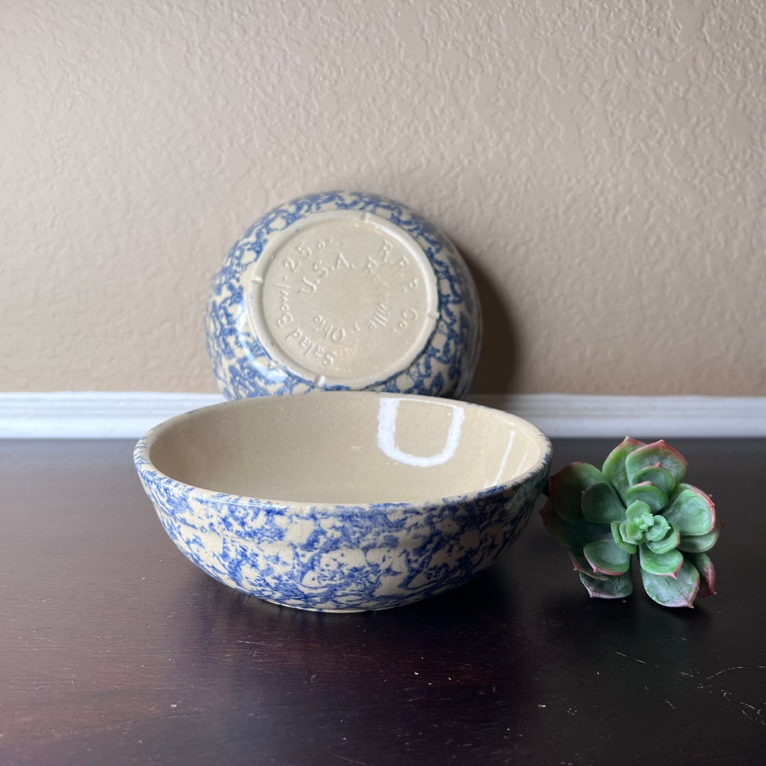 Vintage Midcentury Robinson Ransbottom Blue Spongeware Salad Bowl ...
