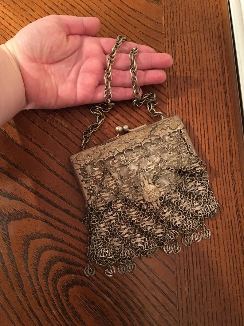 Antique Silver Filigree Chain Mail Purse With Dangling Hearts - Etsy