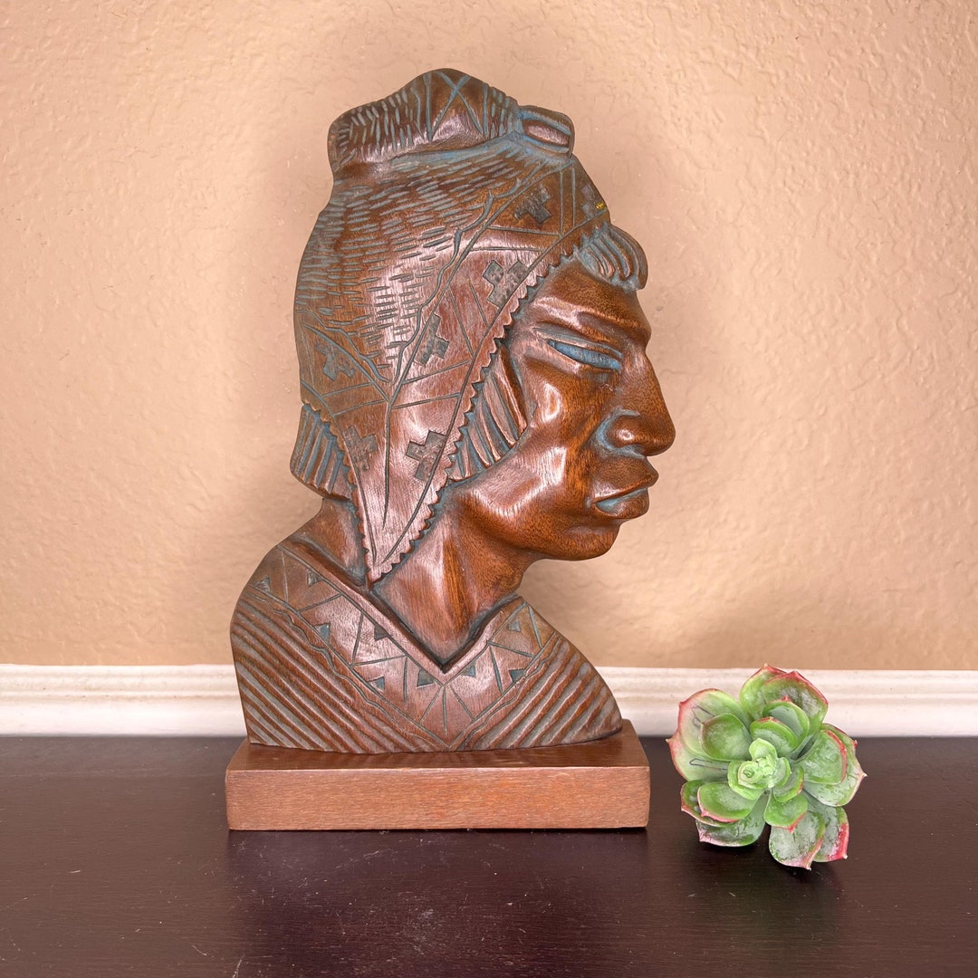 Vintage 1960's Wood Carving of Bolivian Warrior, Portrait Bust, South ...