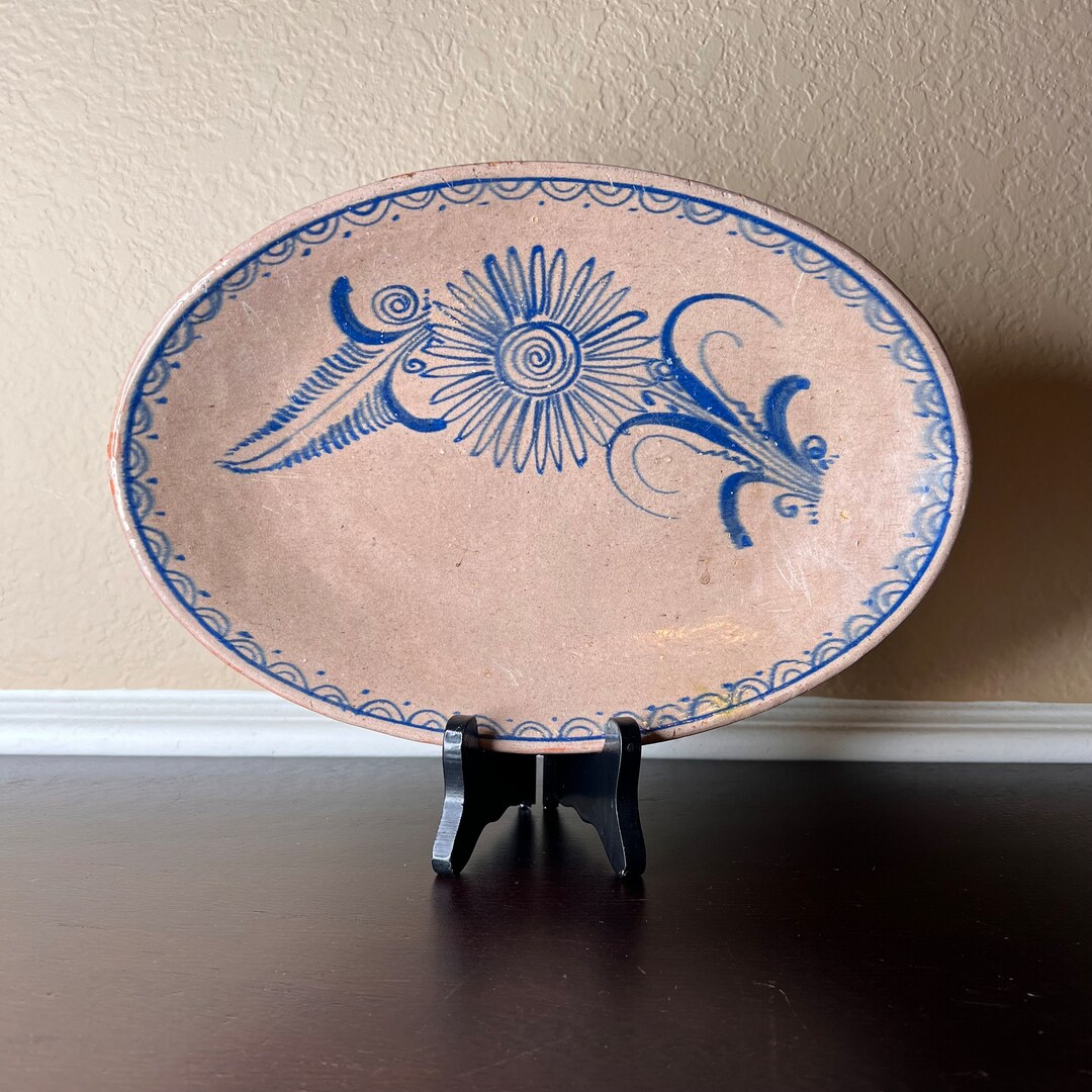 Vintage Red Clay W Blue Flowers Oval Bowl, Serving Dish, Antique ...