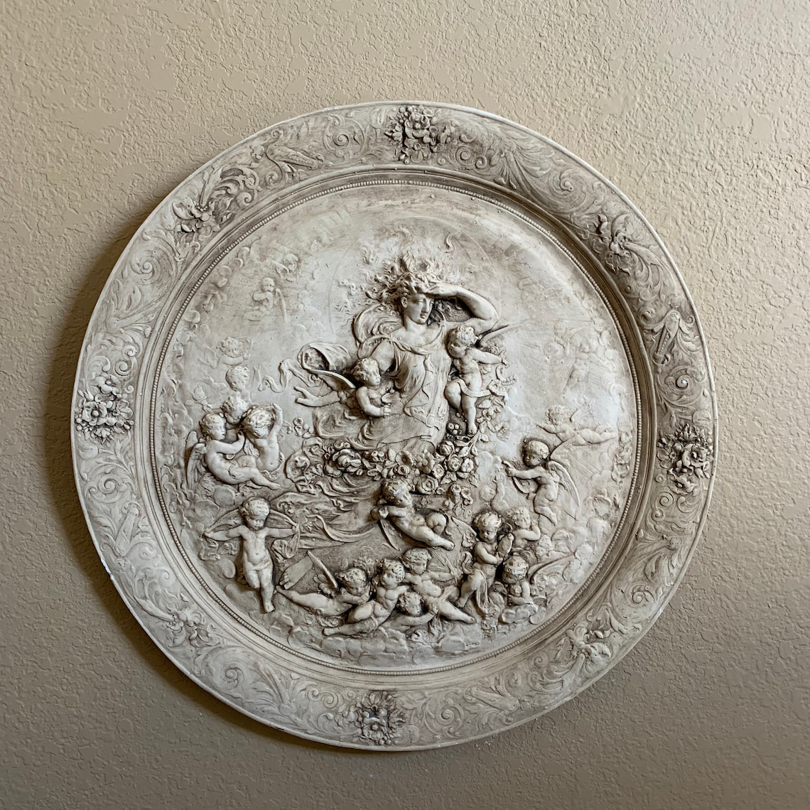 Vintage Plaster Bas Relief Wall Plaque, Cherub, Puti, Romance ...
