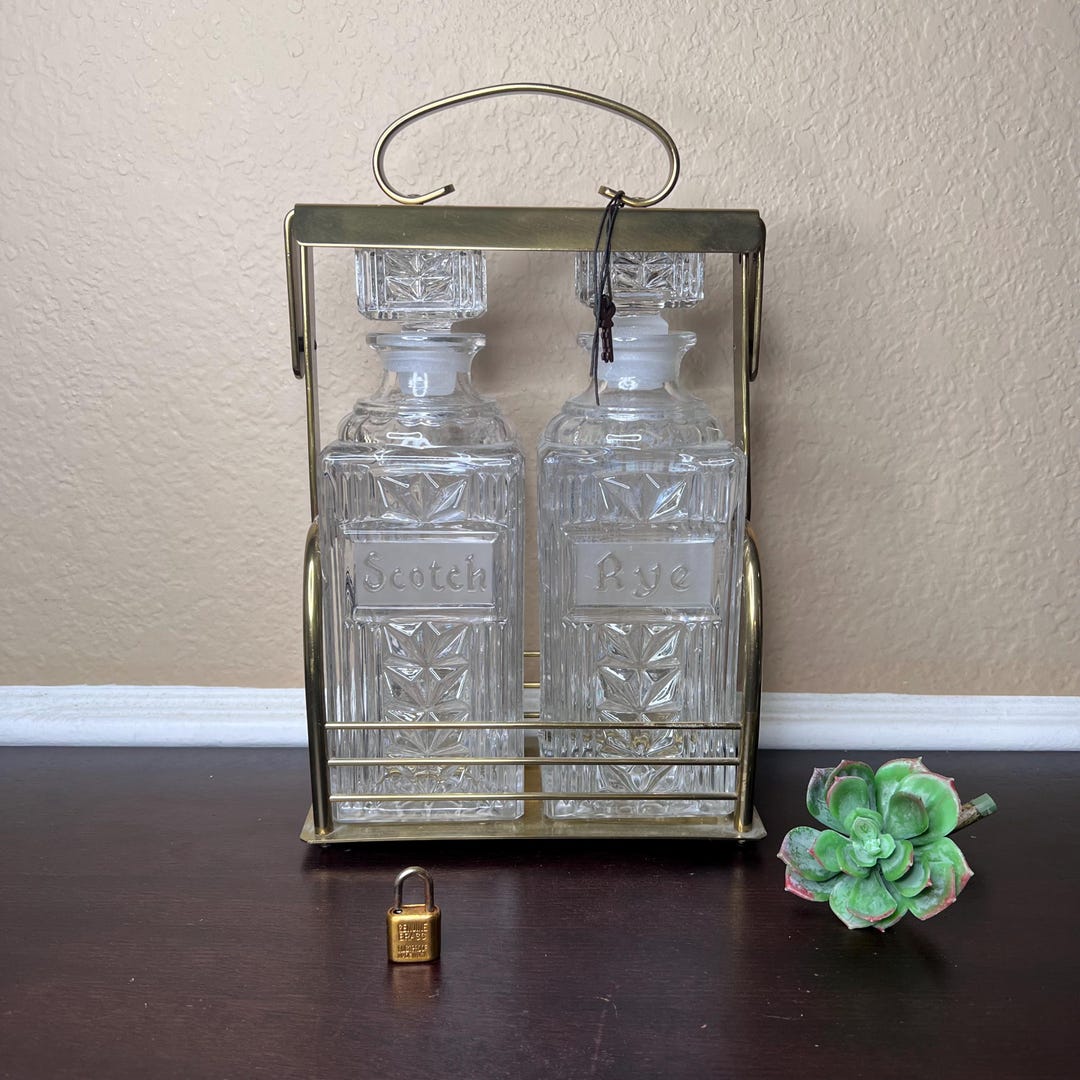Mid-century Brass Locking Scotch & Rye Decanter Set W/ Caddy and Keys ...