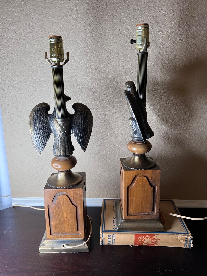 Vintage 1970’s Federal Style Pair American Eagle Lamps, Solid Wood ...
