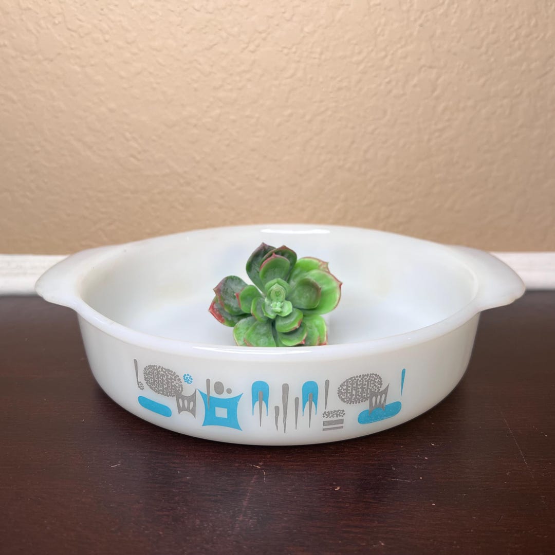 Vintage Mid-century Fire King Blue Heaven Atomic Milk Glass Casserole ...