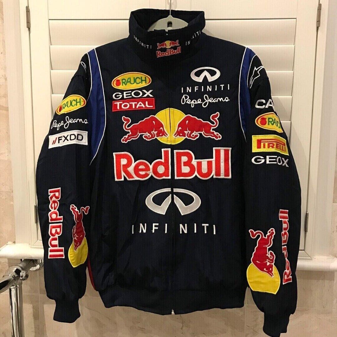 Formula F1 Jacket-formula F1 Retro Cotton Fully Embroidered Red Bull ...