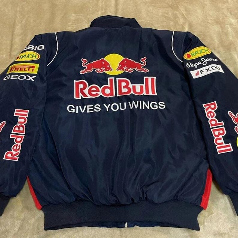 Formula F1 Jacket-formula F1 Retro Cotton Fully Embroidered Red Bull ...