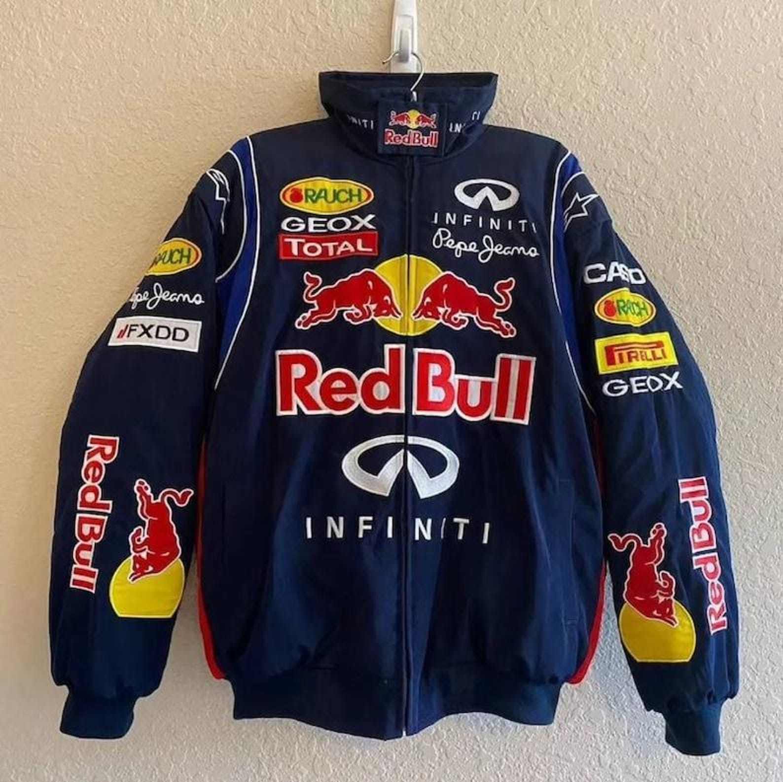 Formula F1 Jacket-formula F1 Retro Cotton Fully Embroidered Red Bull ...