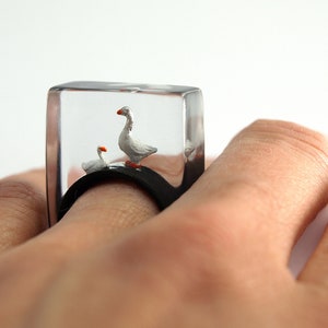 Gaggle of Geese Cute Geese Ring With Two White Mini-geese on a Black ...