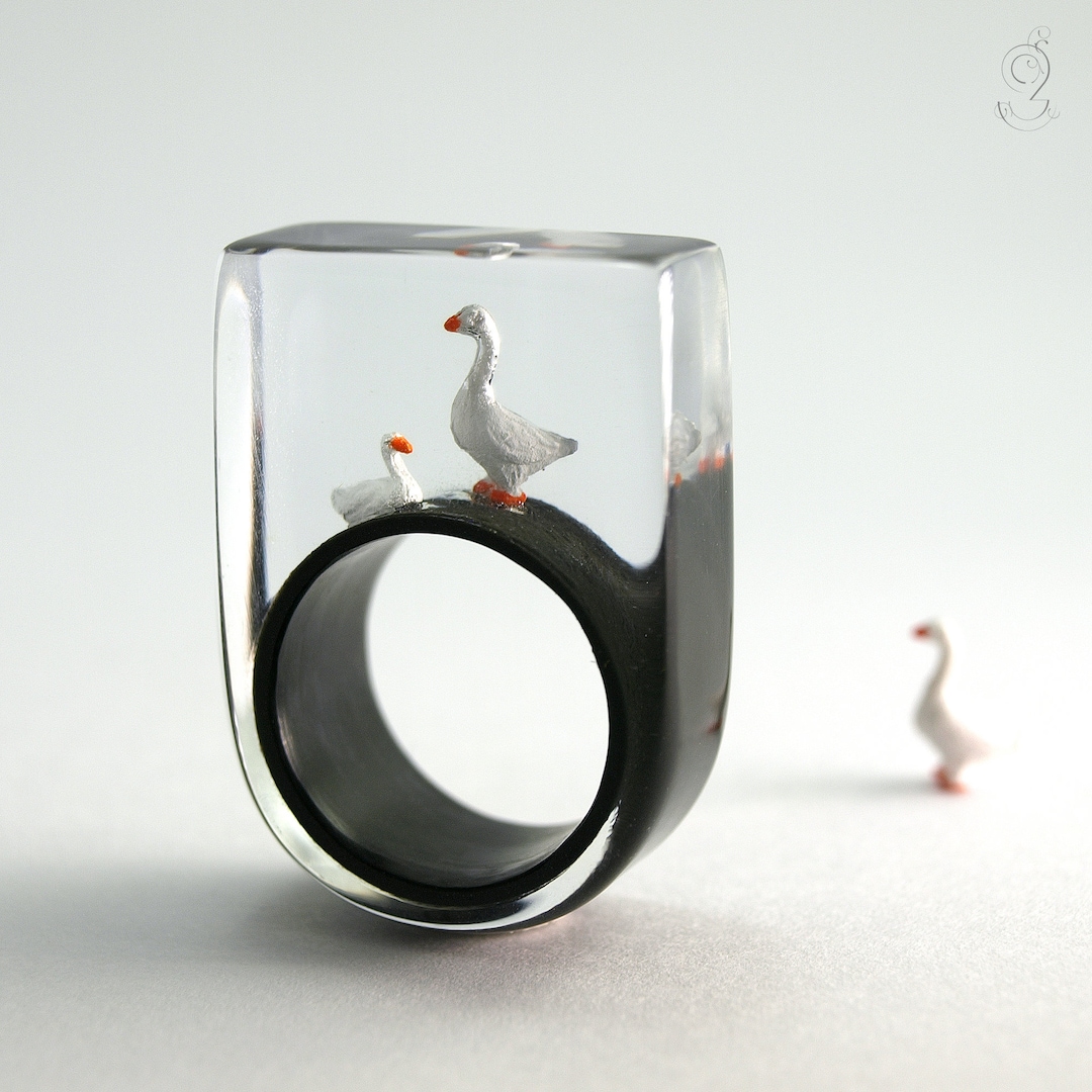 Gaggle of Geese – Cute Geese Ring With Two White Mini-geese on a Black ...