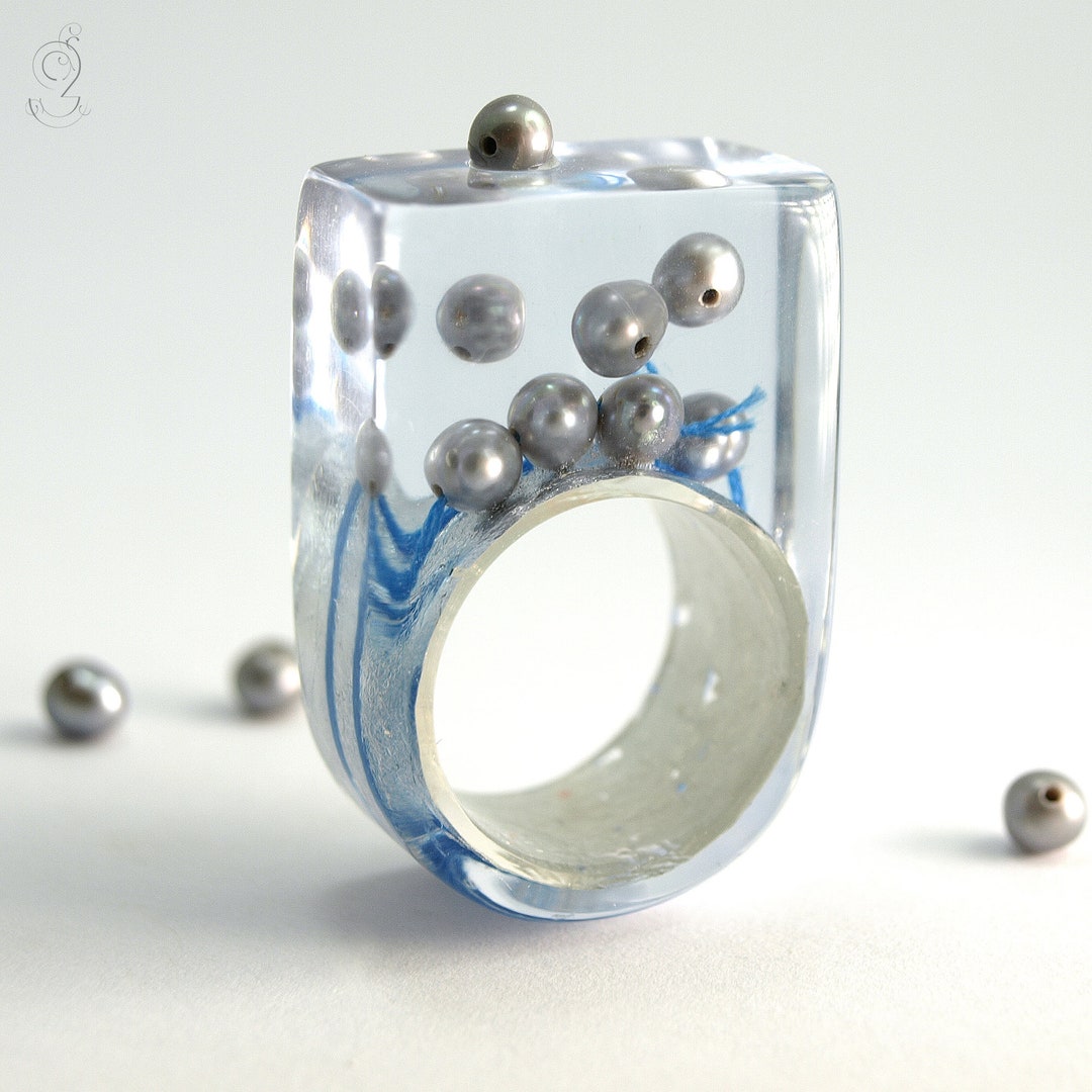 Abstract Pearl Ring "pearls Drift" With Real Grey Pearls and Blue Bead ...