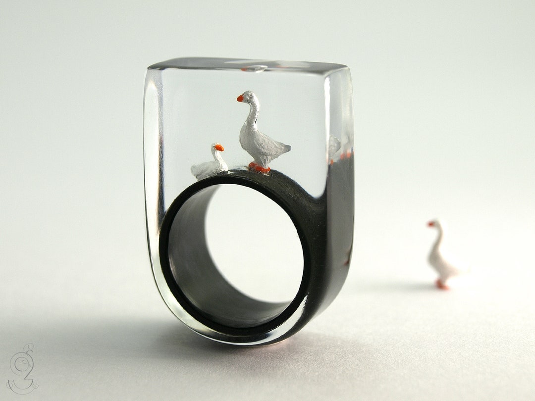 Gaggle of Geese Cute Geese Ring With Two White Mini-geese on a Black ...