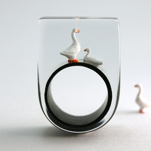 Gaggle of Geese Cute Geese Ring With Two White Mini-geese on a Black ...