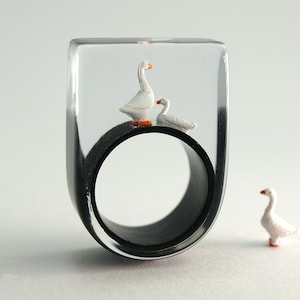 Gaggle of Geese Cute Geese Ring With Two White Mini-geese on a Black ...