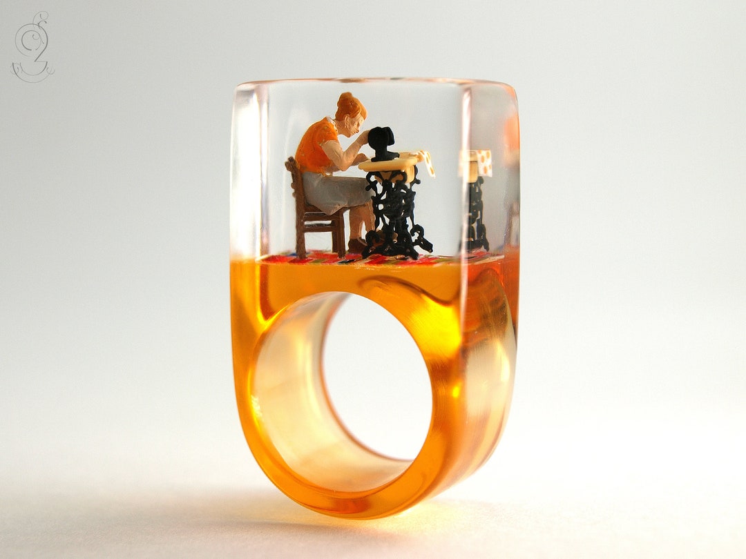 Sewing Machine Handmade Sewing Ring With a Mini Seamstress and Her ...