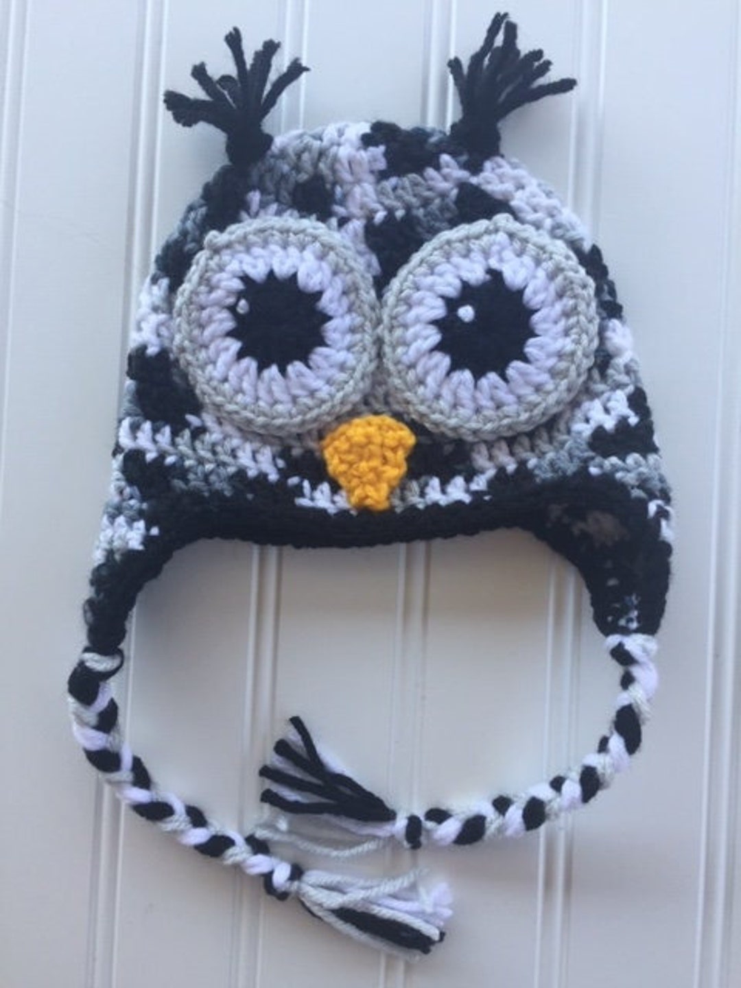 3-6 Mo Crochet Owl Critter Hat With Earflaps and Braids Black White ...