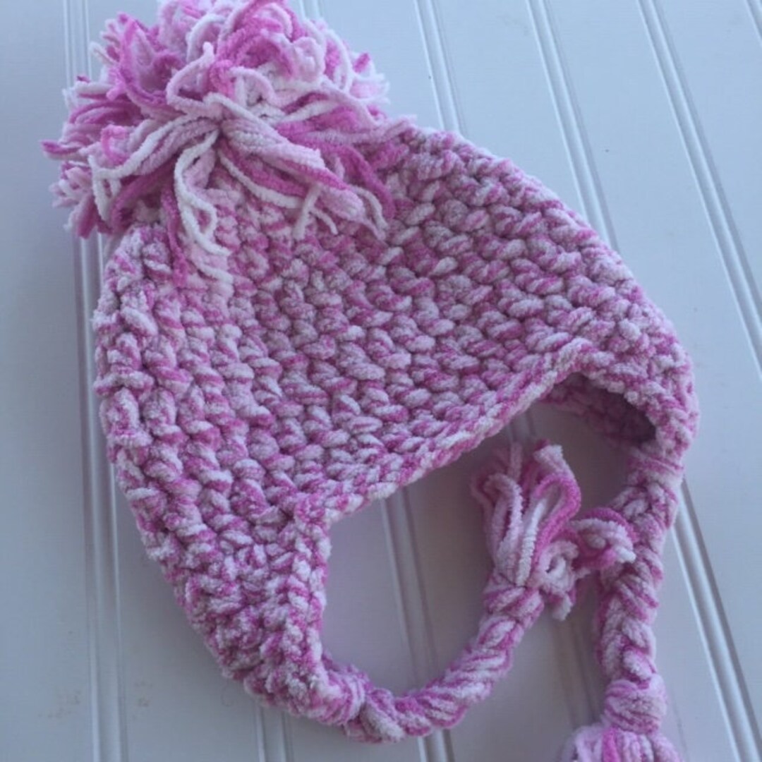 6-12 Month Crochet Chenille Pink Mop Top Ear Flap Hat - Etsy
