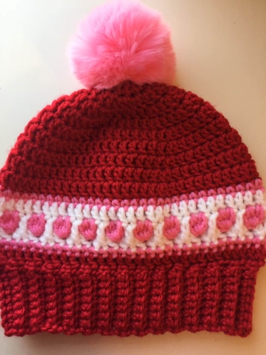 Child (3-10) Red Crochet Hat, Pink Poof Pom, Pink Hearts - Etsy