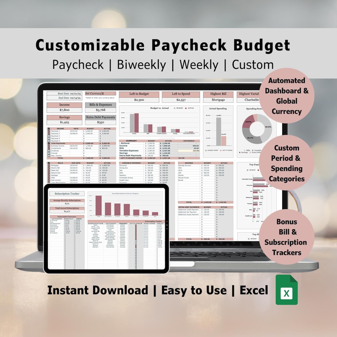 Paycheck Budget Planner Excel Budget Tracker | Monthly, Weekly or ...