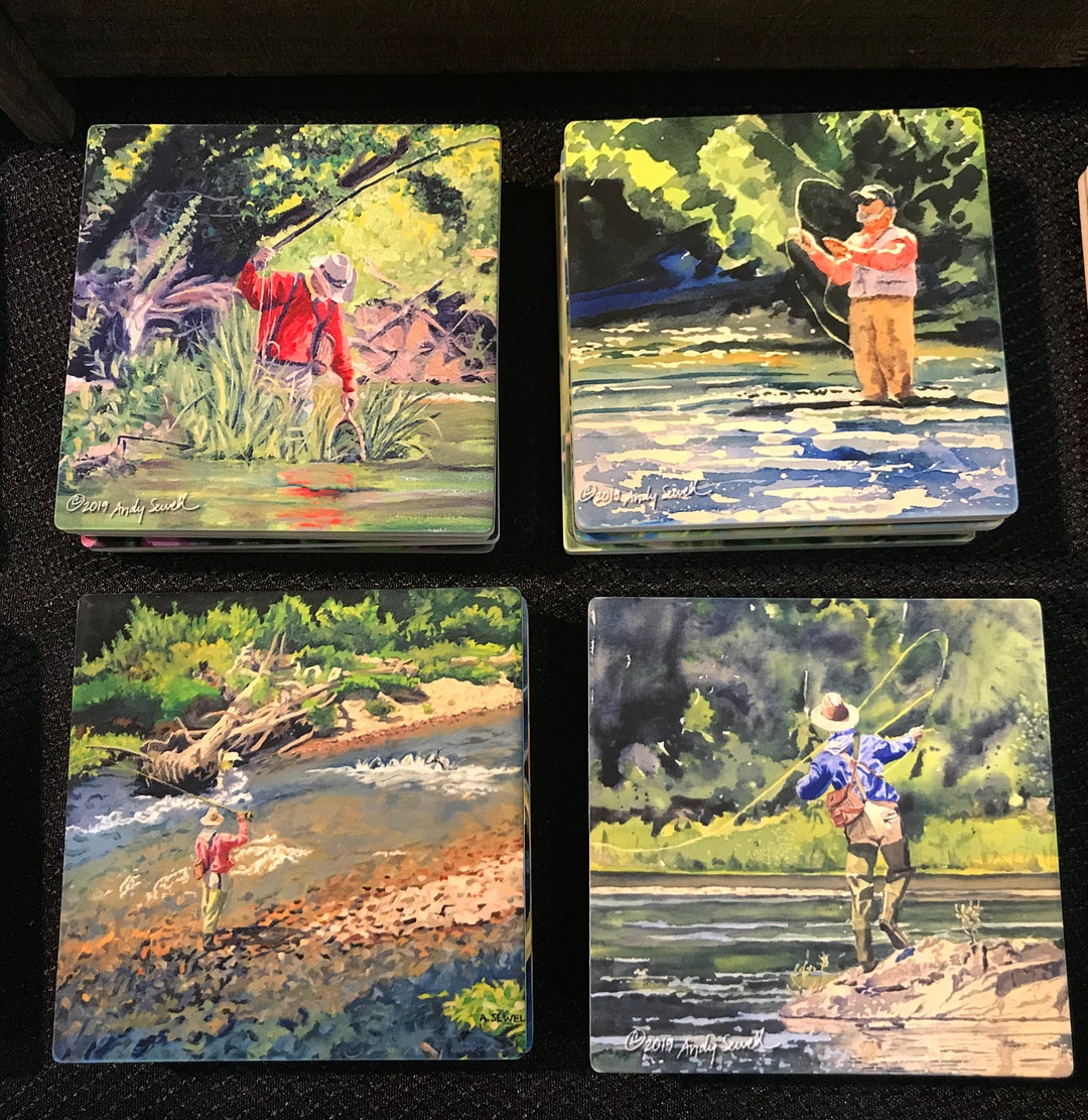 Flyfisherman Theme Coasters Set of 4 - Sandstone Feel, Matte Ceramic ...