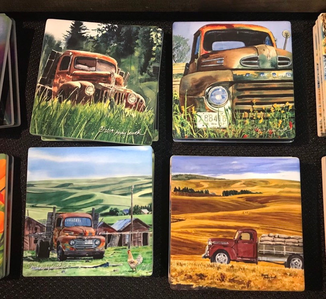 Old Ford Trucks Theme Coasters Set of 4 - Sandstone Feel, Matte Ceramic ...