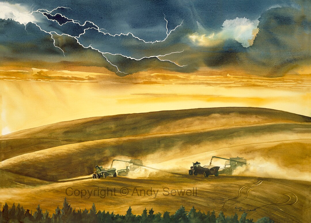 Palouse Storm Art Print: Farmland Lightning, Watercolor Landscape - Etsy