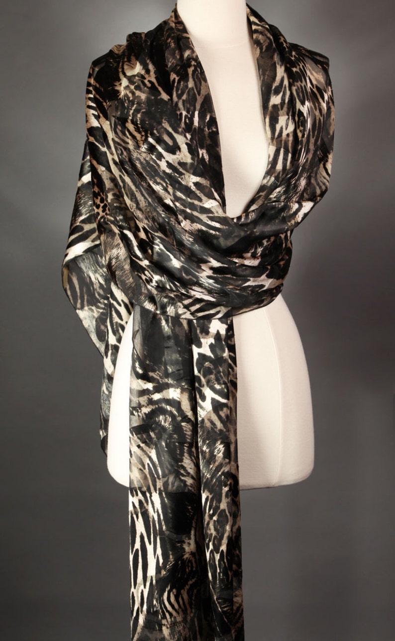 Animal Print Silk Scarf Burnout Black Cream and Shades of Muted Taupe ...