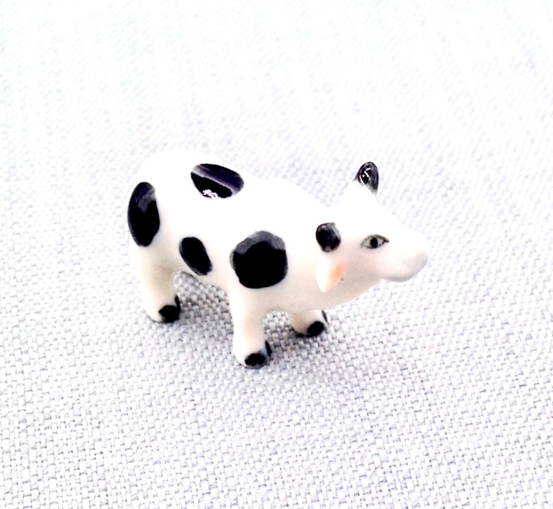 Miniature Ceramic Cow Mini Farm Animal Cute Little Black White Figurine ...