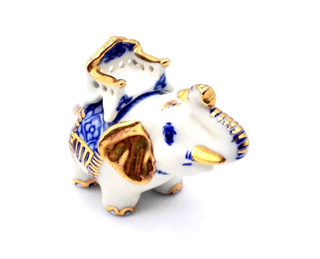 Miniature Ceramic Thai Elephant Animal Little Figurine White Blue Small ...