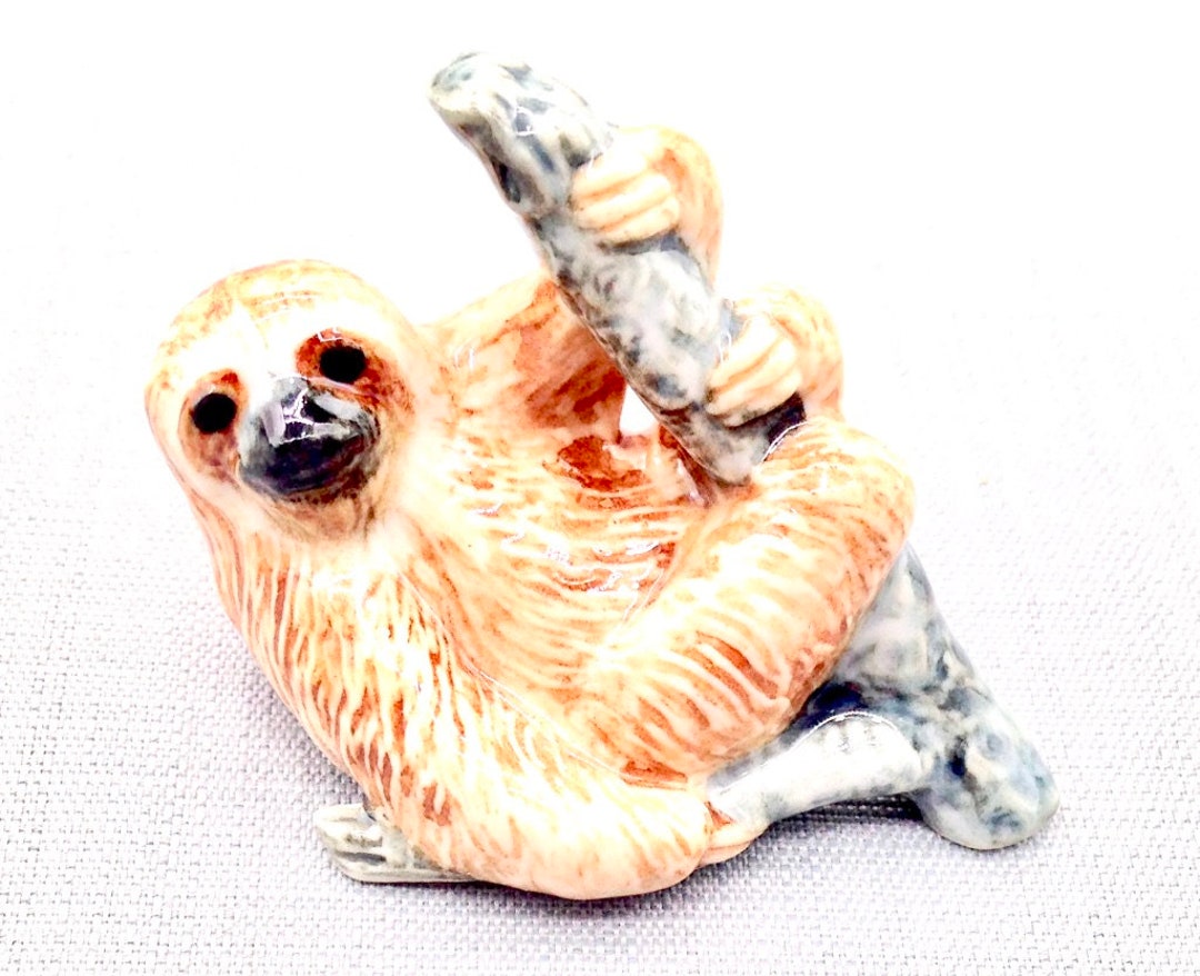 Miniature Ceramic Sloth on Branch Monkey Animal Cute Little Brown ...