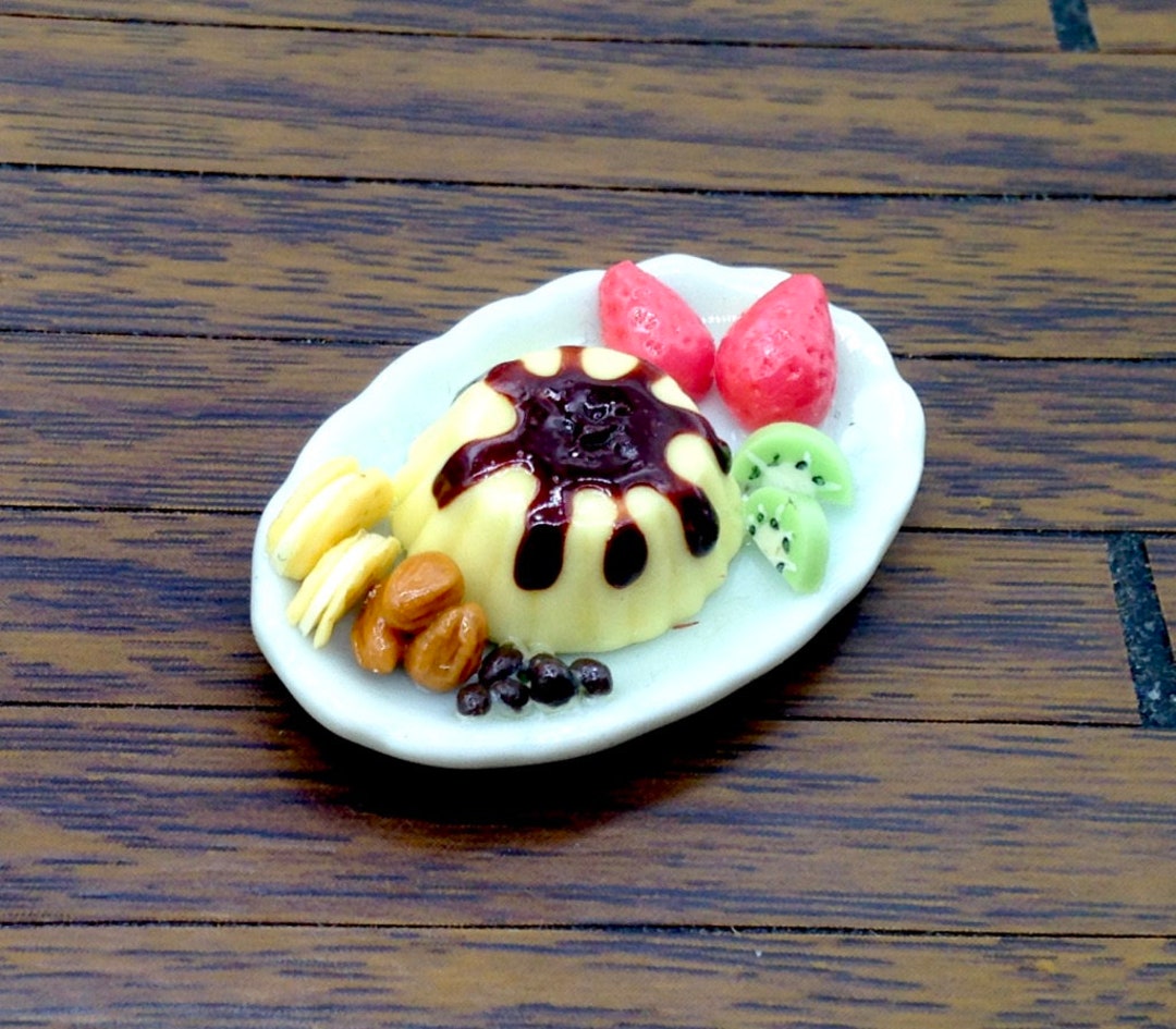 Flan Cake Plate Miniature Dollhouse Clay Polymer Food Fimo Fruits White ...