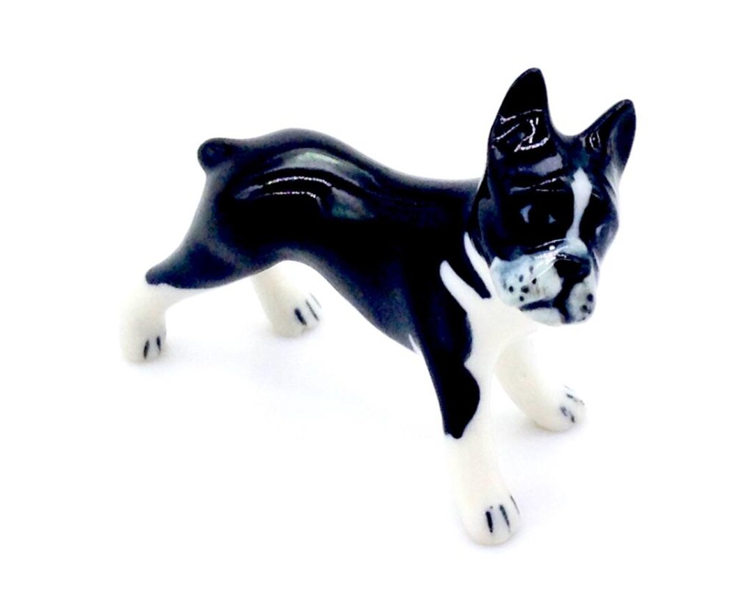 Miniature Ceramic Boston Terrier Dog Animal Cute Little White Black ...