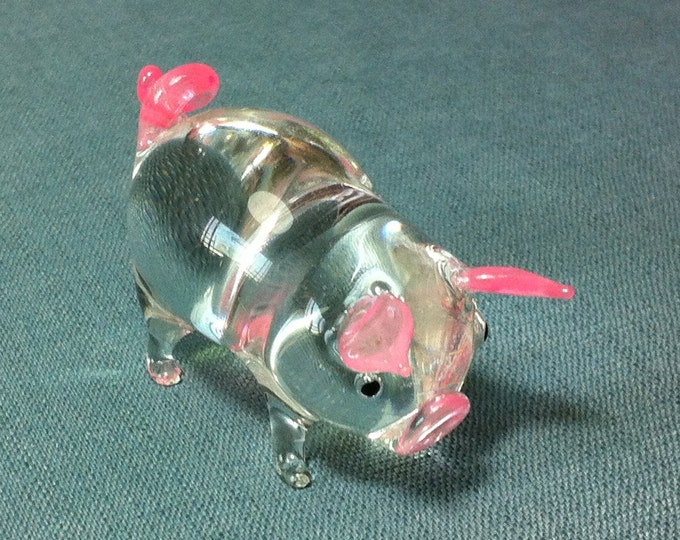Hand Blown Glass Pig Pork Piglet Animal Cute Transparent Pink Figurine ...