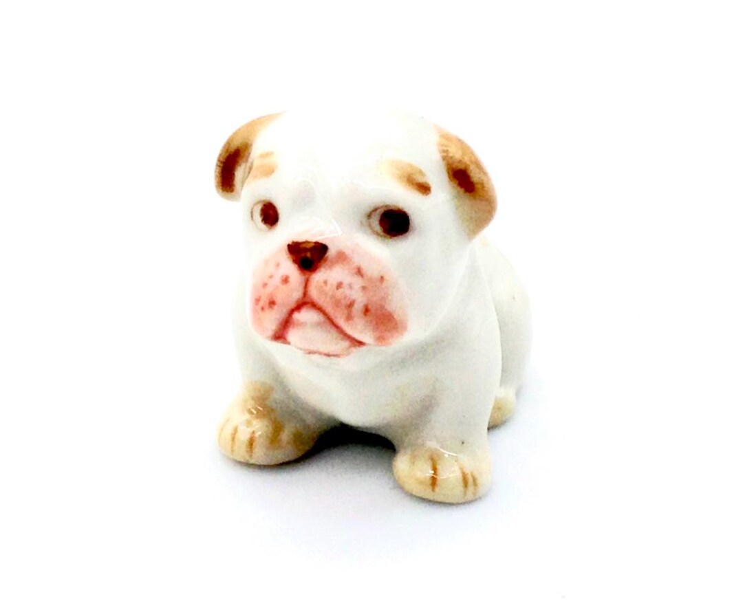 Miniature Ceramic Dog Bulldog Pet Baby Animal Little White Brown ...