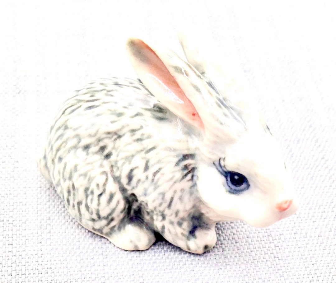 Miniature Ceramic Rabbit Funny Bunny Animal Cute Little Grey White ...